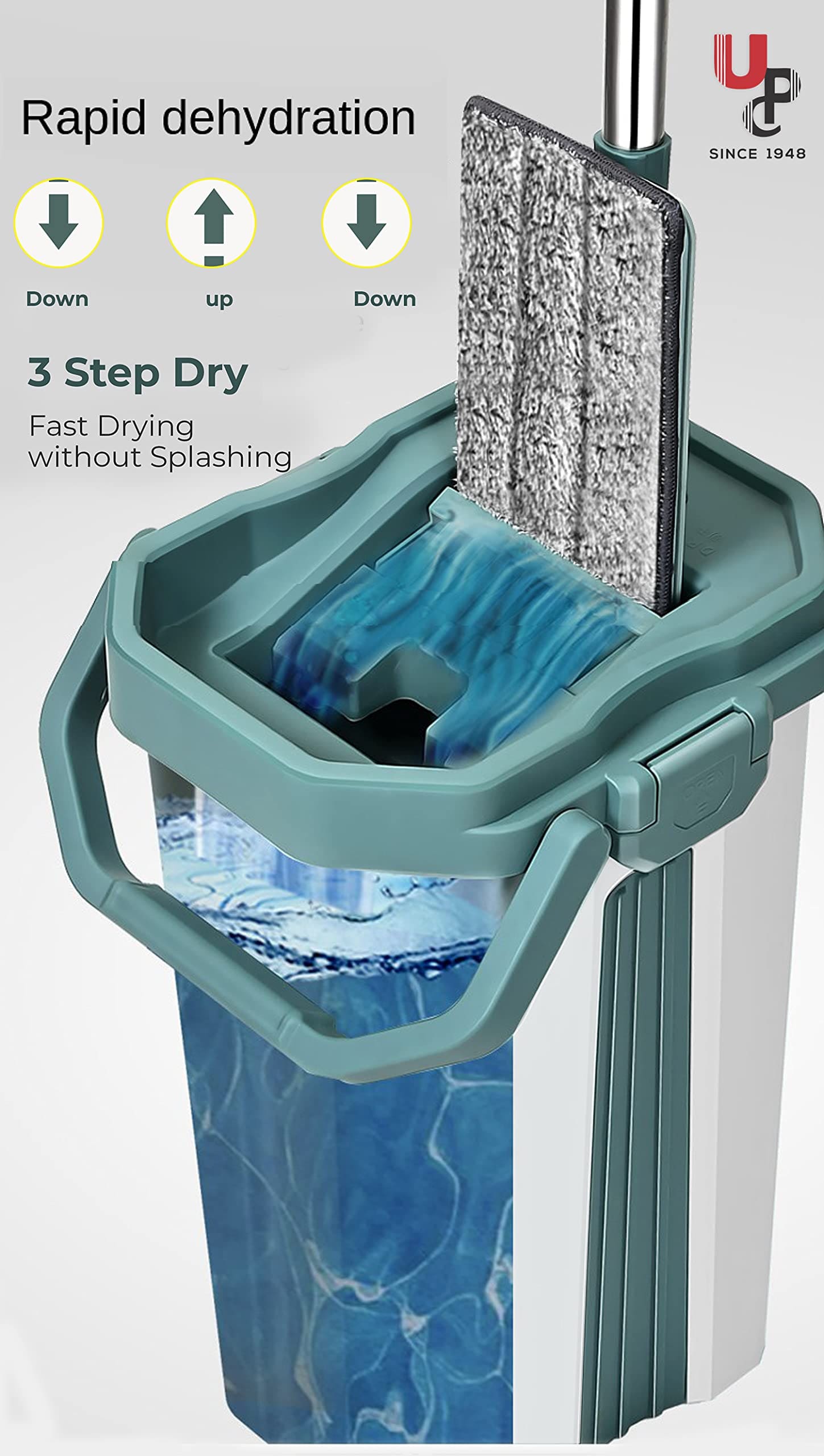 U.P.C. Green Upgraded Hands-Free Squeeze Microfiber Flat Mop System 360 ...