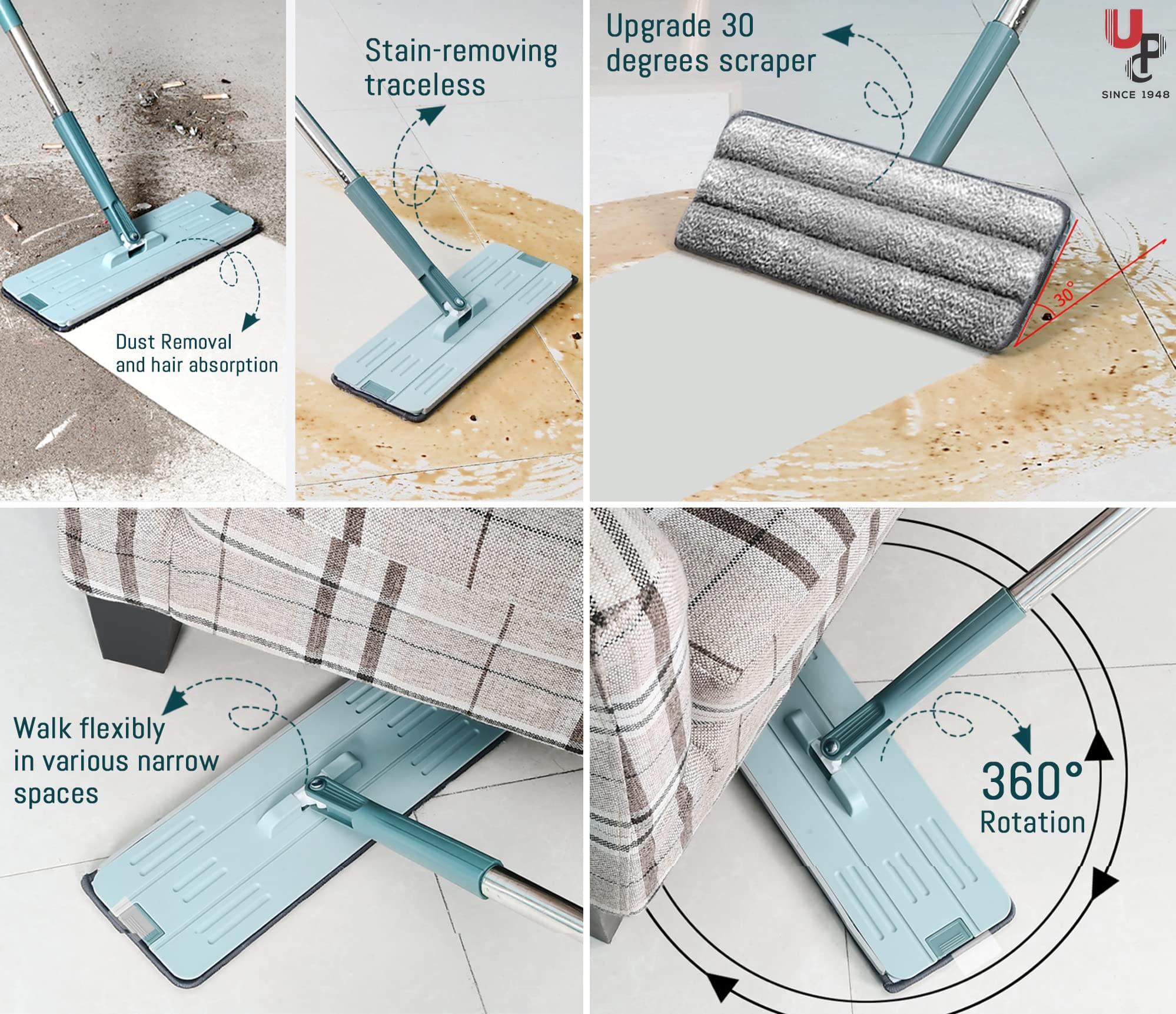 U.P.C. Green Upgraded Hands-Free Squeeze Microfiber Flat Mop System 360 ...