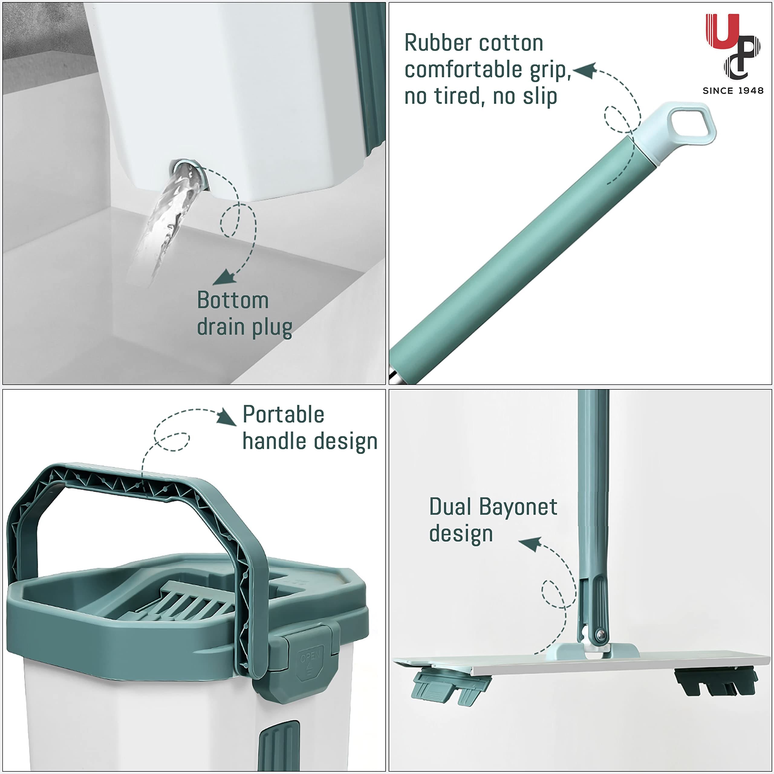 U.P.C. Green Upgraded Hands-Free Squeeze Microfiber Flat Mop System 360 ...